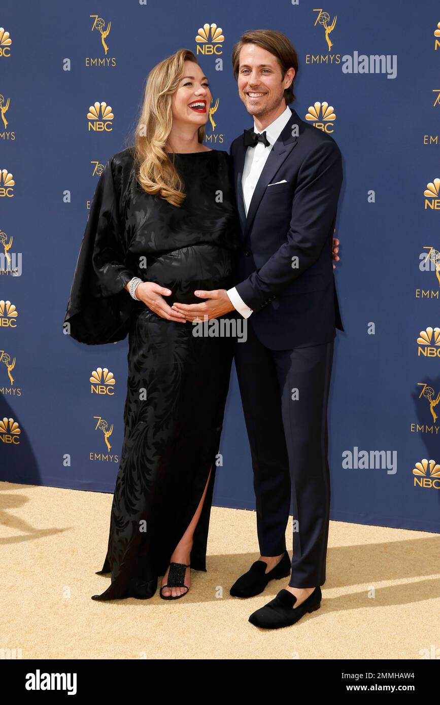 Yvonne Strahovski, left, and Tim Loden arrive at the 70th Primetime ...