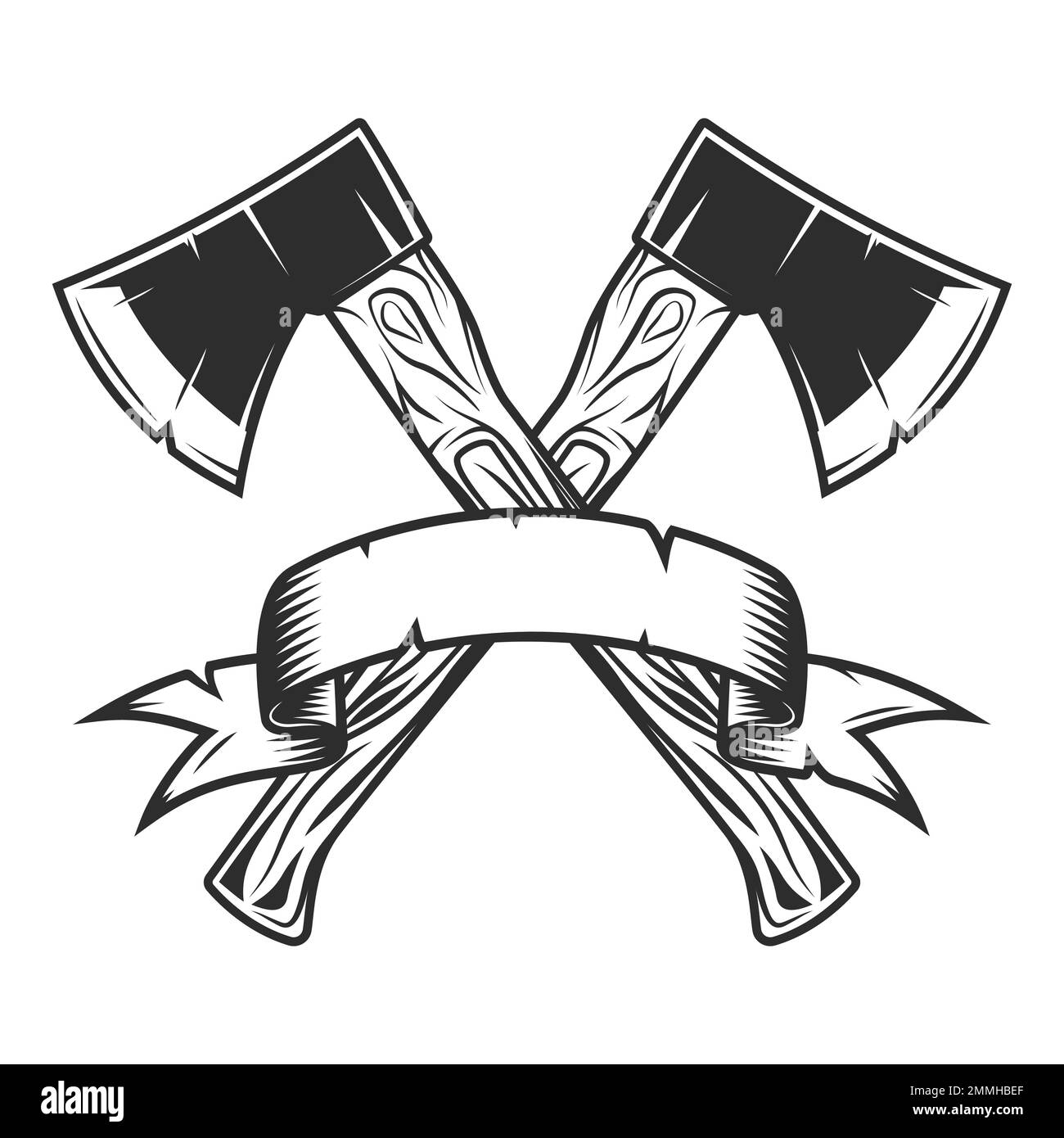 Crossed metal ax with handle made of wood and ribbon. Wooden axe ...