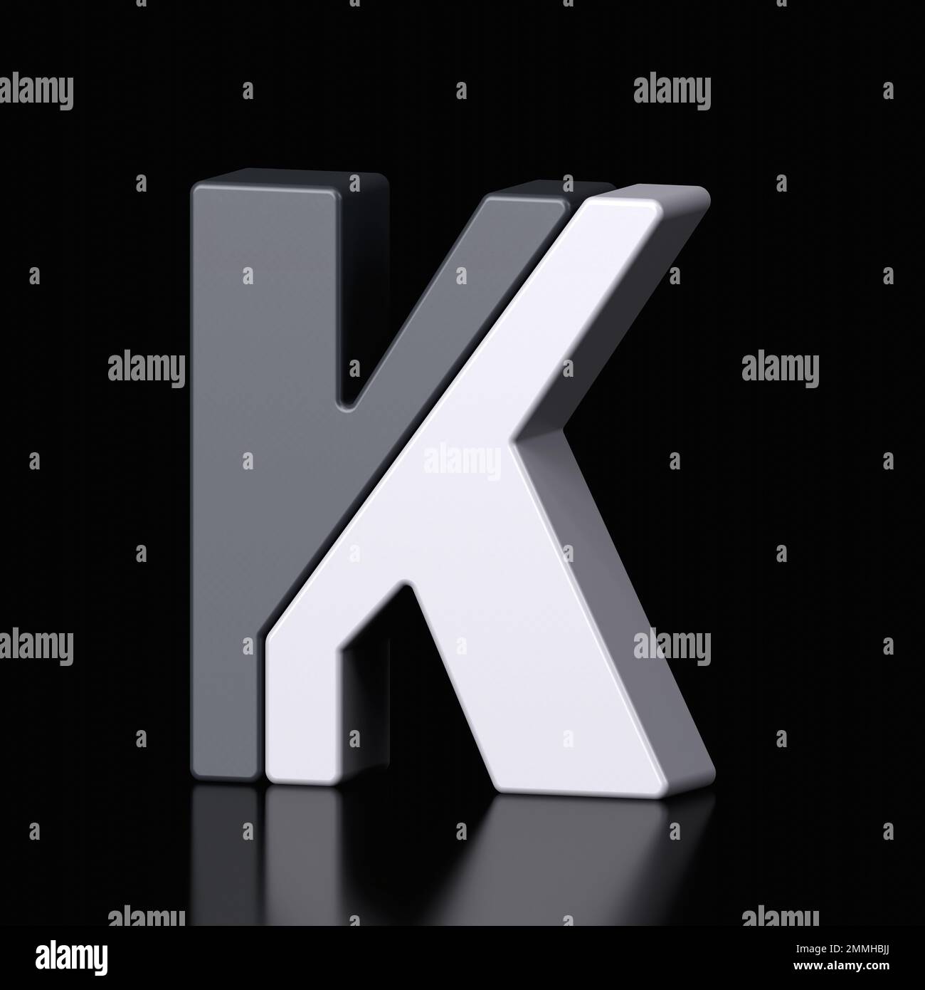 3d letter K plastic black and white from alphabet isolated in a black background. Hi tech ...
