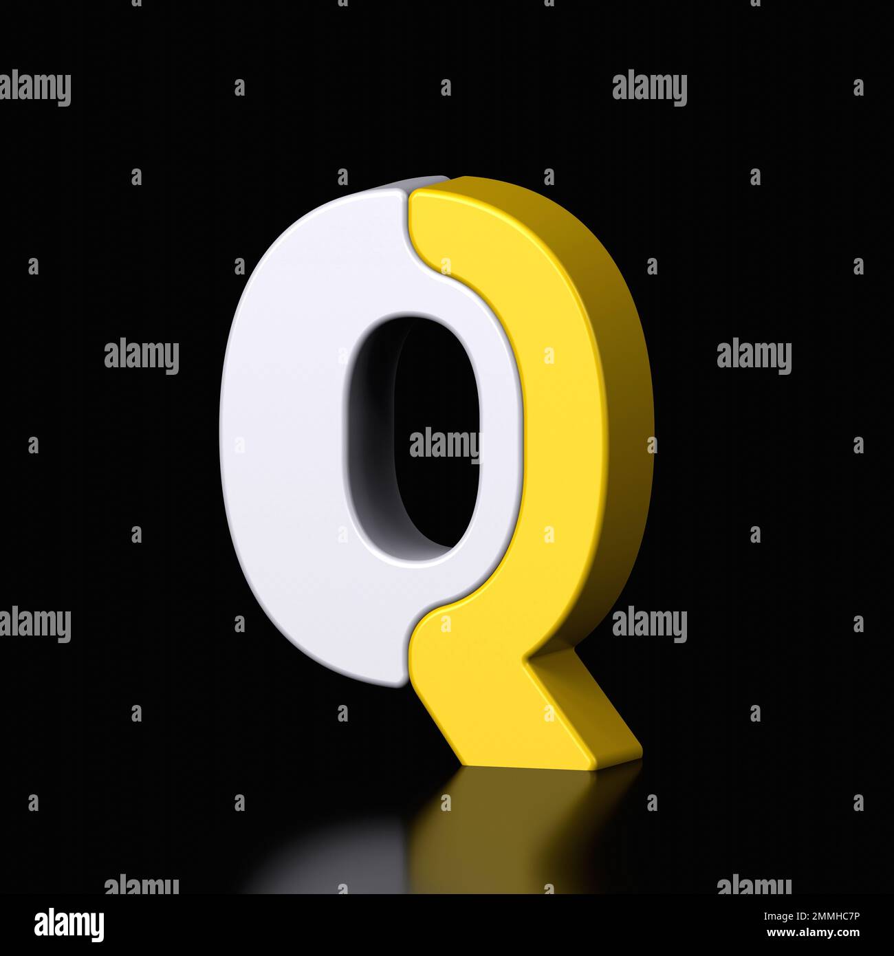 3d letter Q plastic yellow and white from alphabet isolated in a black ...
