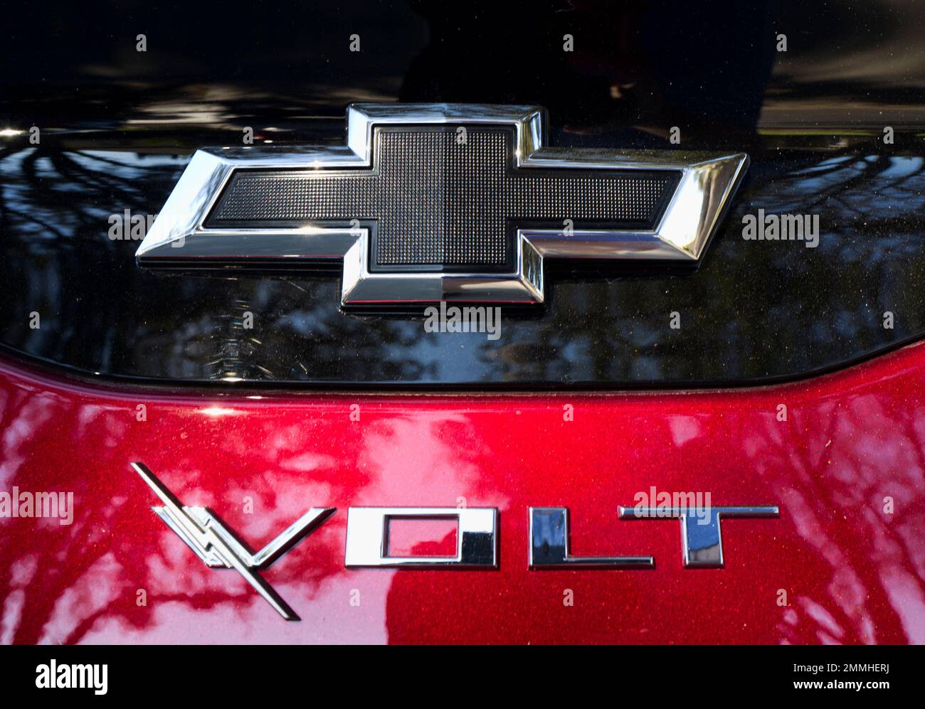 This Sept. 14, 2018 photo shows the Chevrolet Volt logo on the back of ...