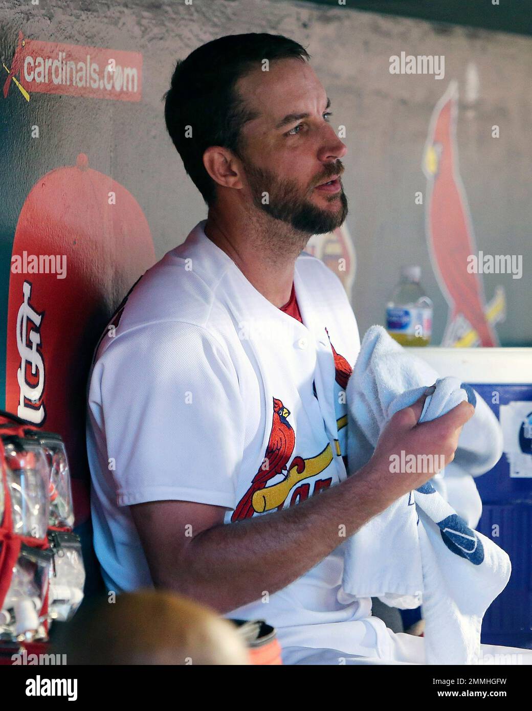St. Louis Cardinals starting pitcher Adam Wainwright (50) sits in the ...