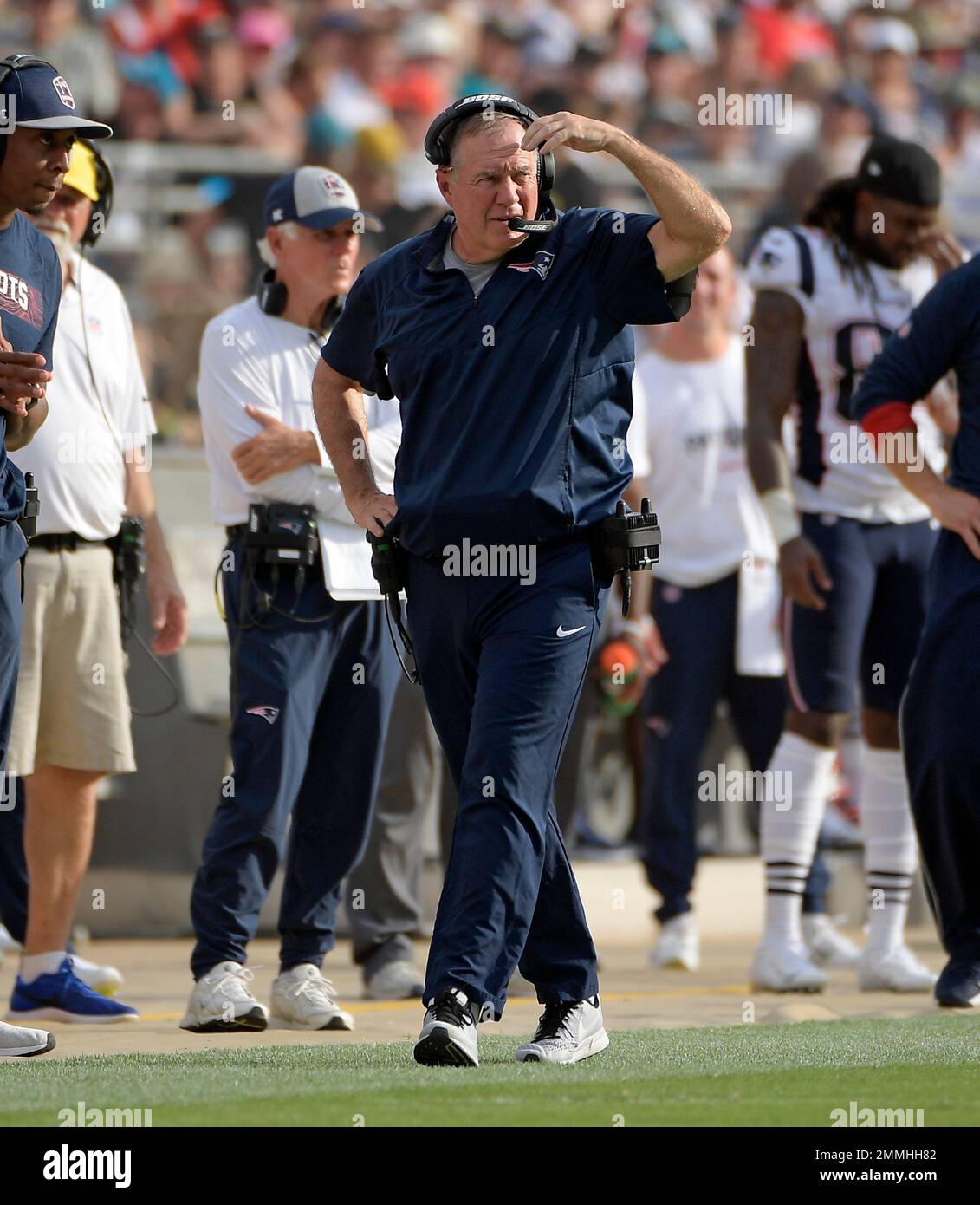 New England Patriots head coach Bill Belichick paces the sideline ...