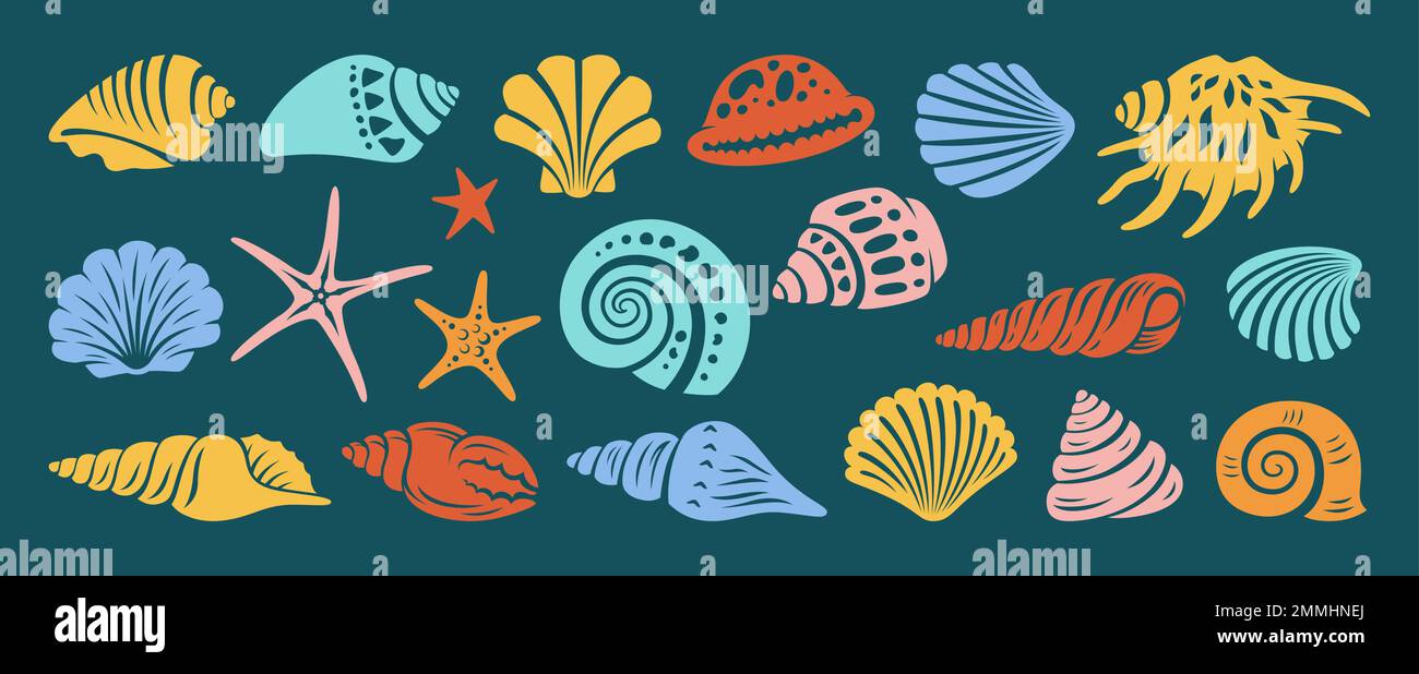 Sea shell, sink cartoon engraving set. Ocean exotic underwater seashell ...