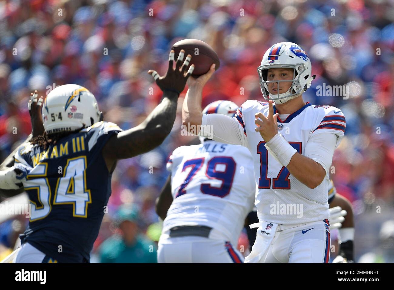 Buffalo Bills quarterback Josh Allen, right, throws during the first ...