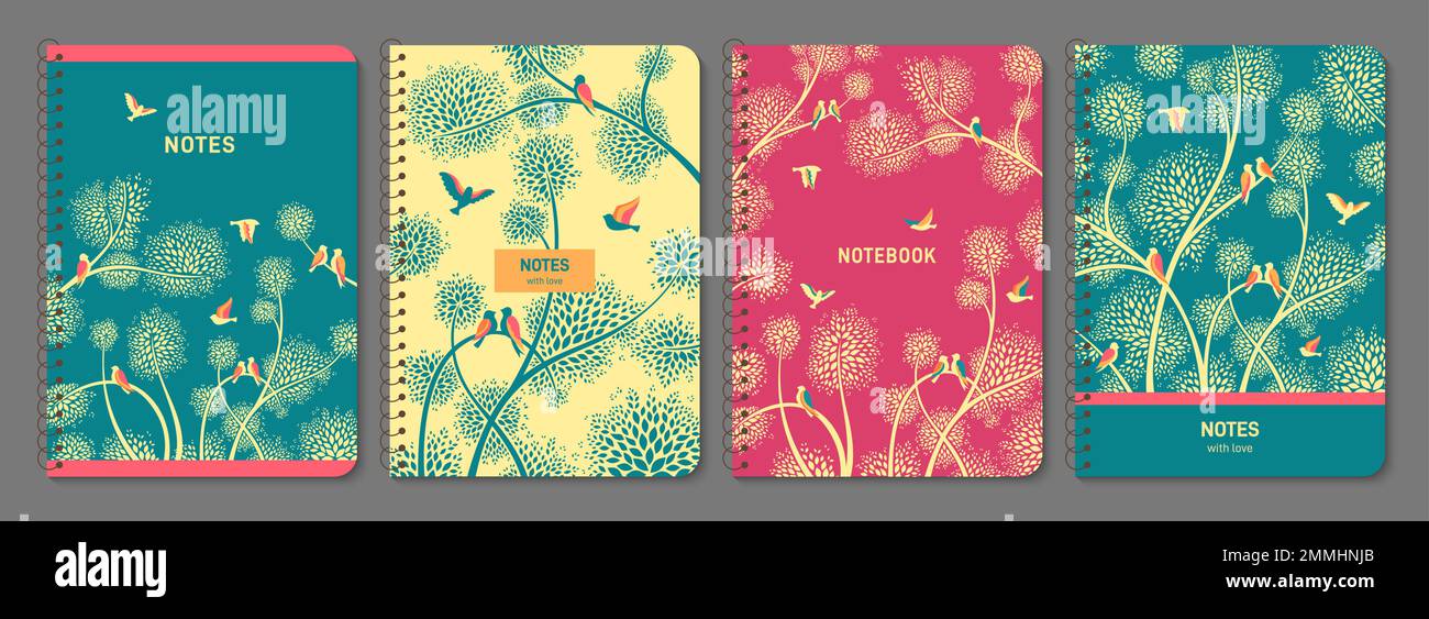 Flock of bird and tree abstract trendy notebook cover set. Exotic dove ...