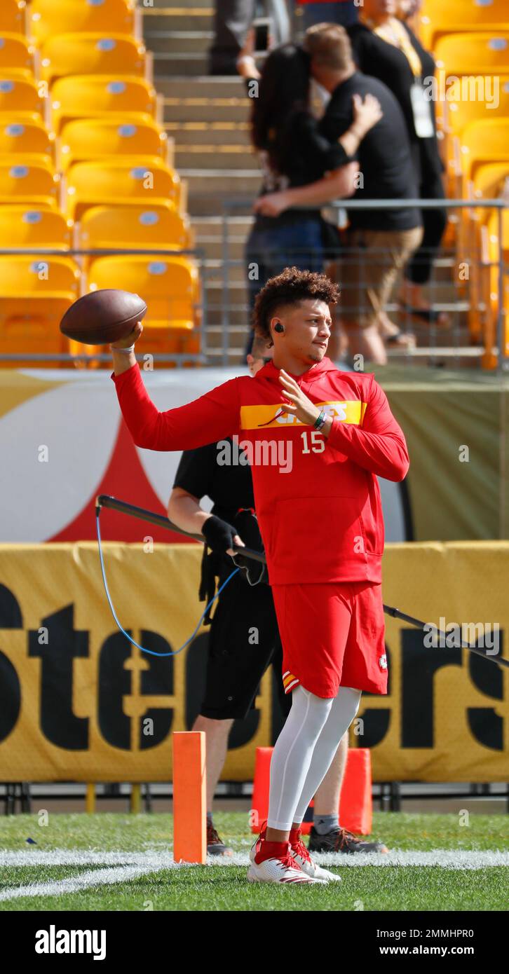Kansas City Chiefs quarterback Patrick Mahomes (15) warms up before an ...