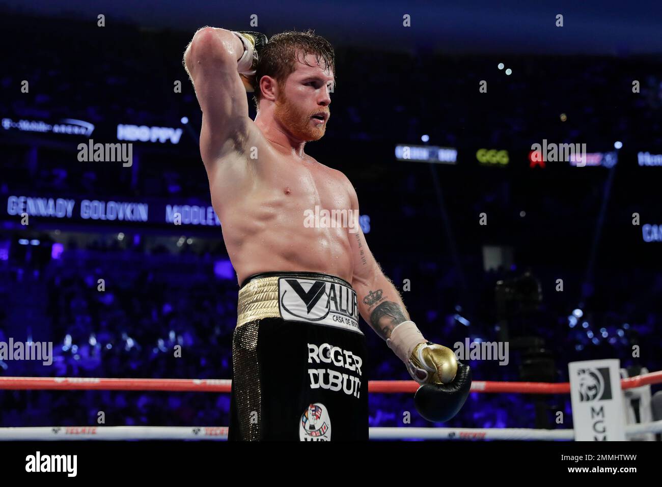 Canelo Alvarez reacts after a middleweight title boxing match against ...