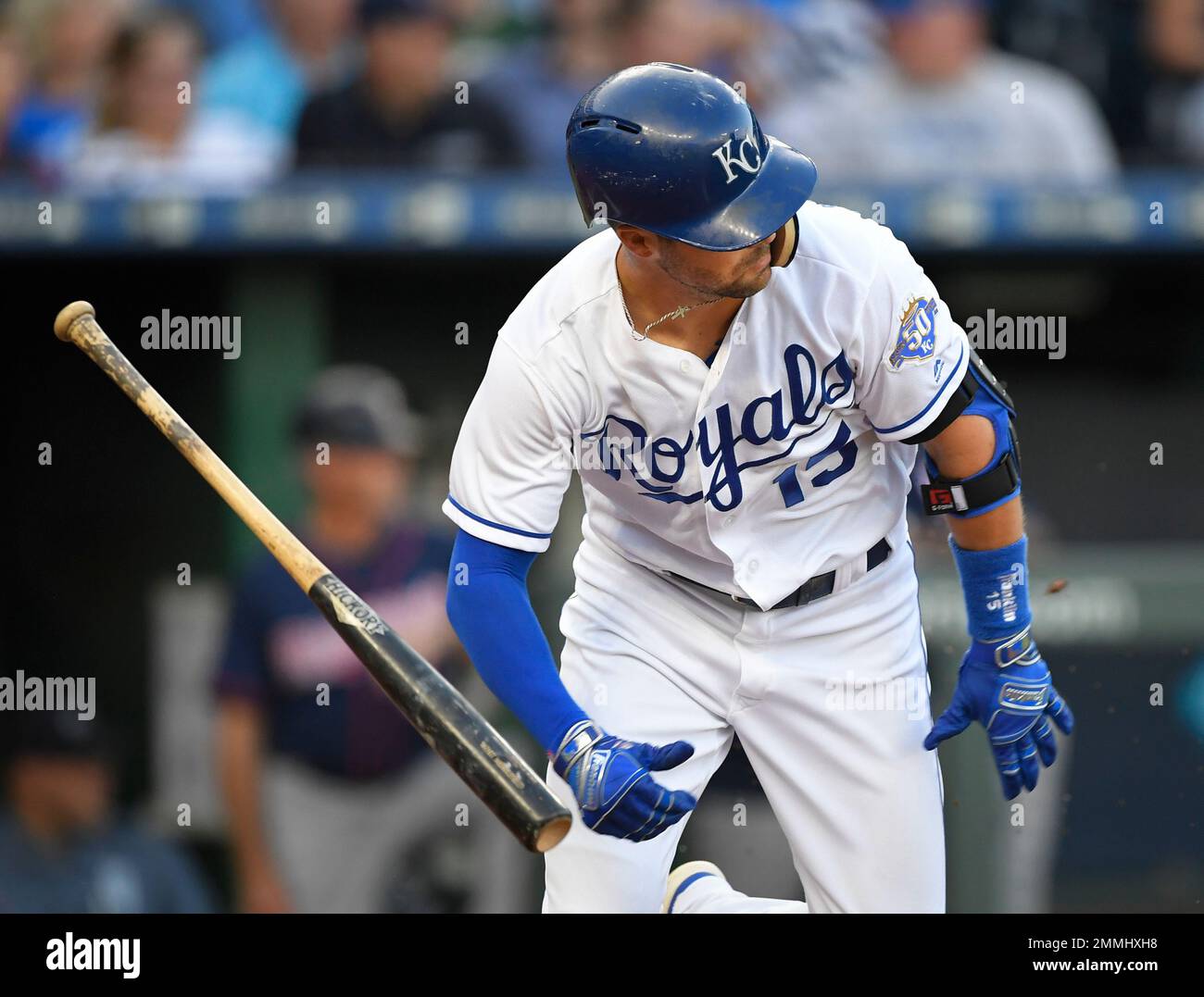 Kansas City Royals' Whit Merrifield drops his bat after hitting a ...