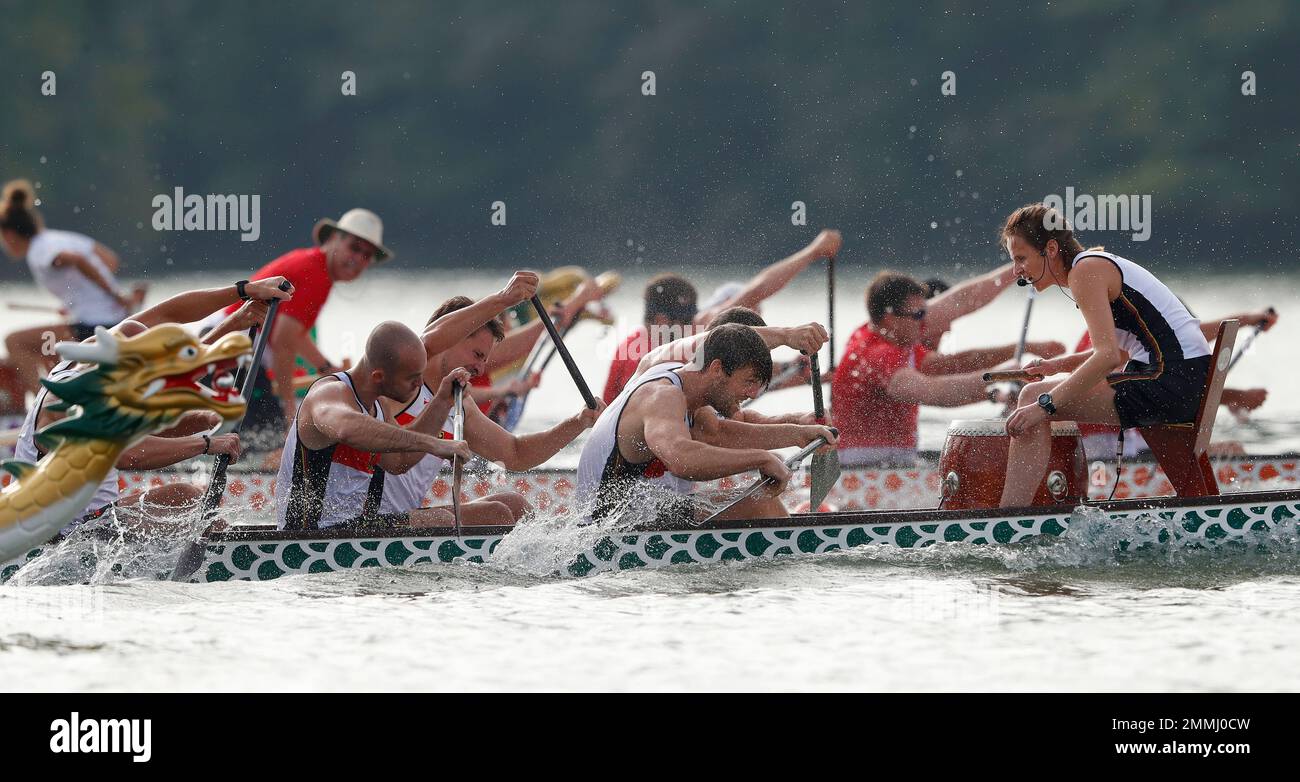 In this Thursday, Sept. 13, 2018 photo, a dragon boat crew from Germany ...