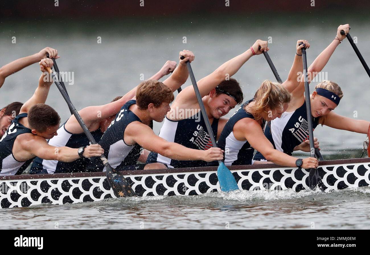 In this Thursday, Sept. 13, 2018 photo, a dragon boat crew from the USA ...