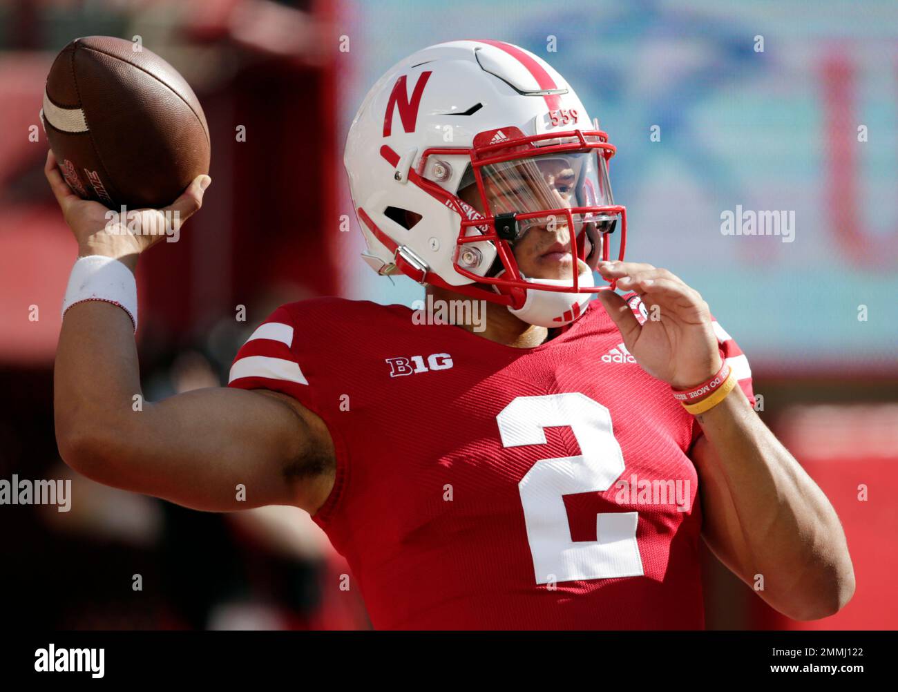 Nebraska quarterback Adrian Martinez (2) warms up before an NCAA ...