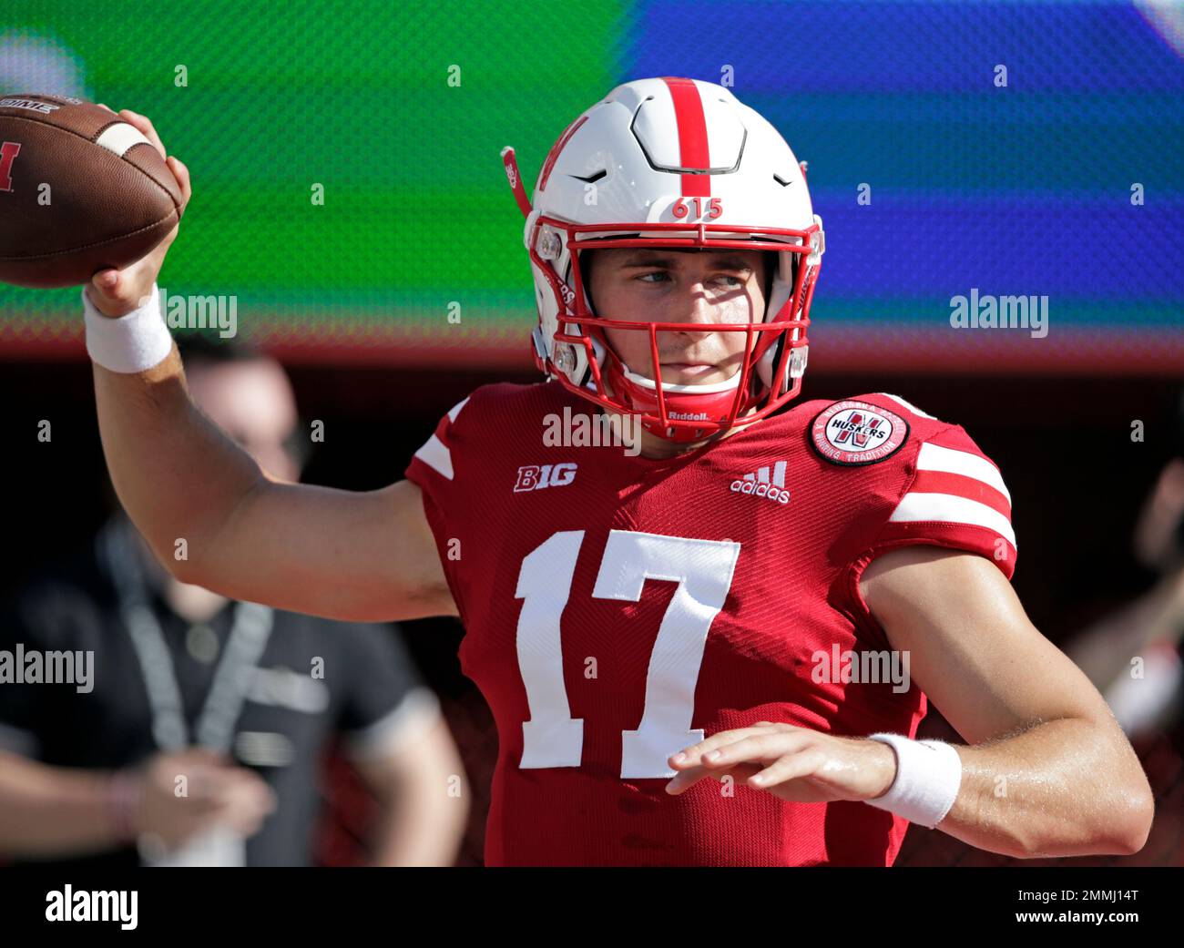 Nebraska quarterback Andrew Bunch (17) warms up before an NCAA college ...