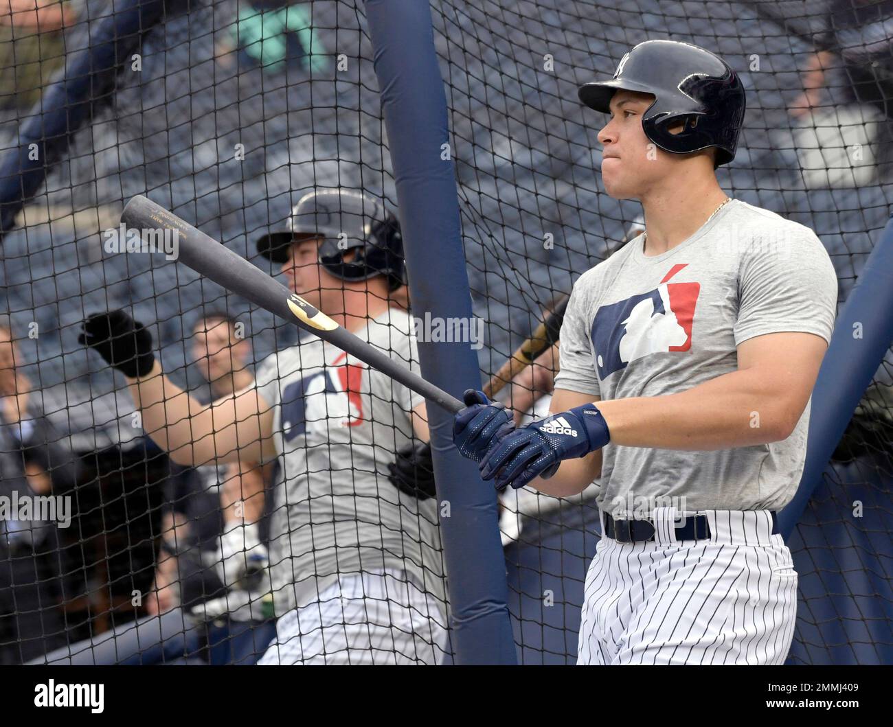 New York Yankees right fielder Aaron Judge waits to bat outside the ...