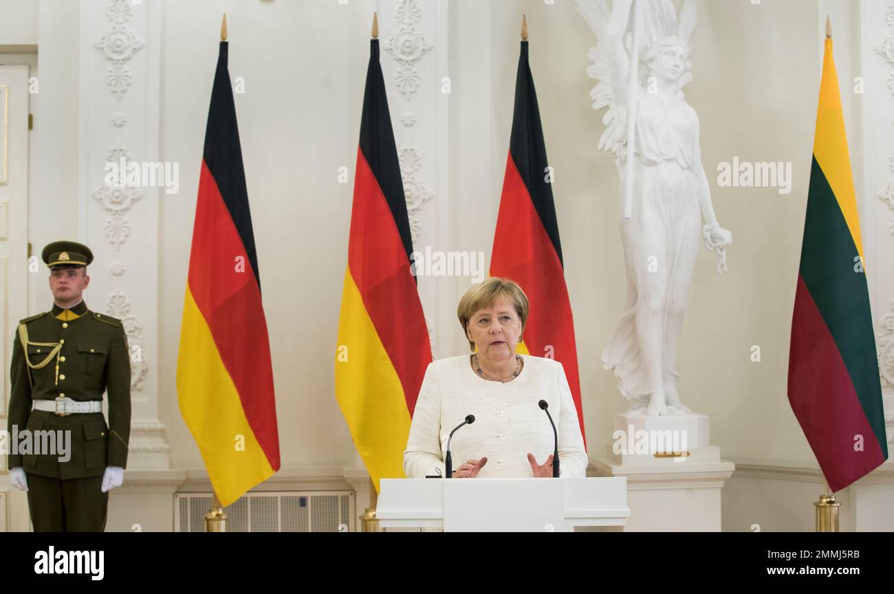 German Chancellor Angela Merkel gives a joint statement with Lithuania ...