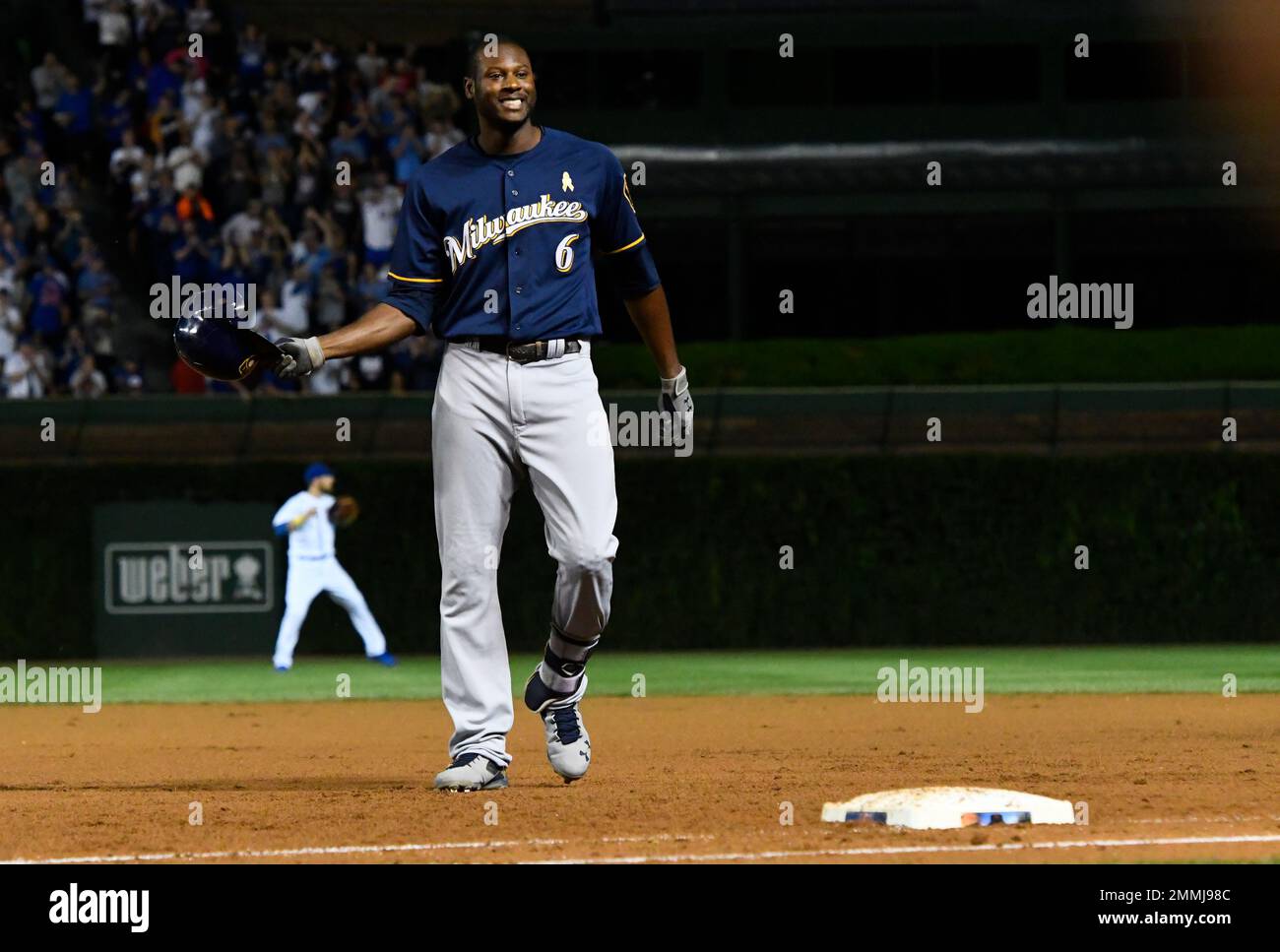 Milwaukee Brewers' Lorenzo Cain (6) after he lines out during the ...