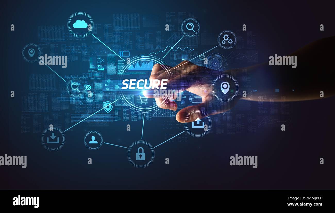 Hand touching cybersecurity button concept Stock Photo - Alamy