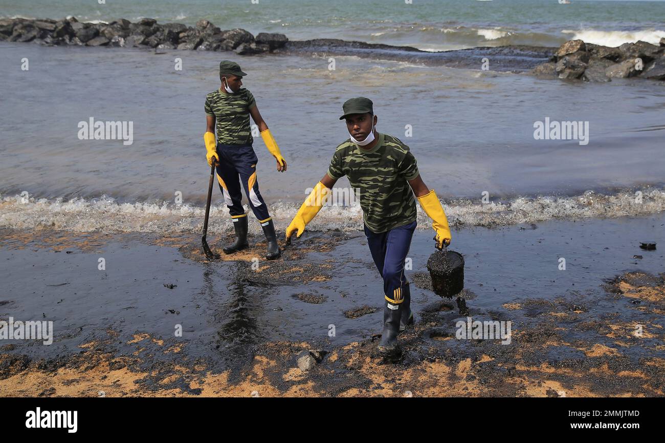 Sri Lankan army soldiers work to remove oil from a beach following an ...