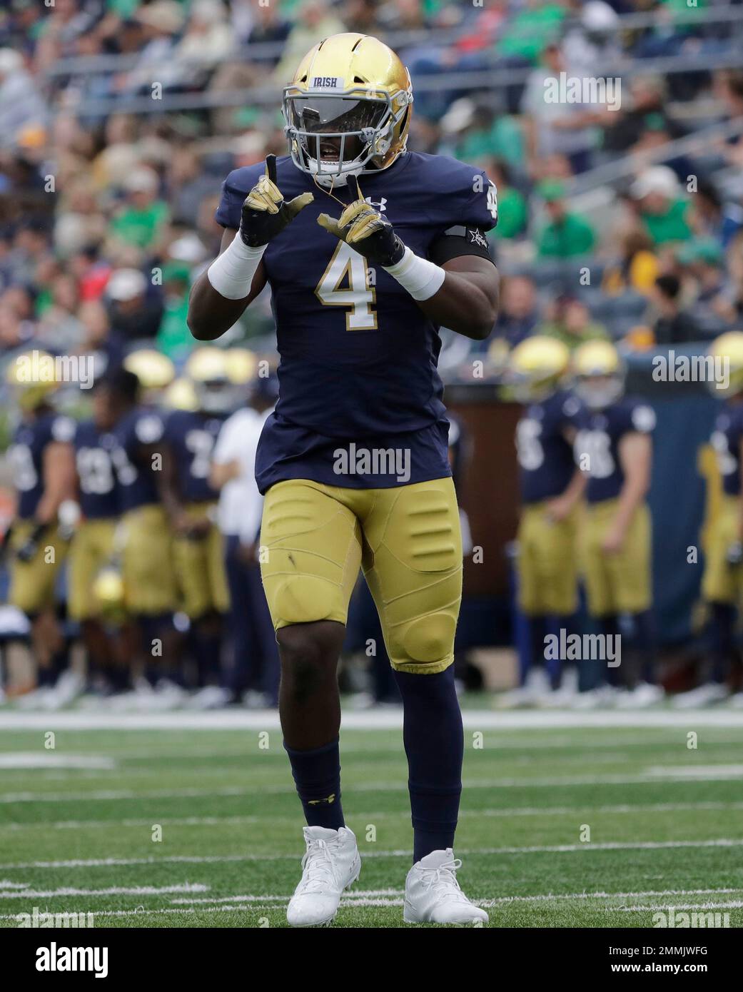Notre Dame linebacker Te'Von Coney talks to teammates during the first ...