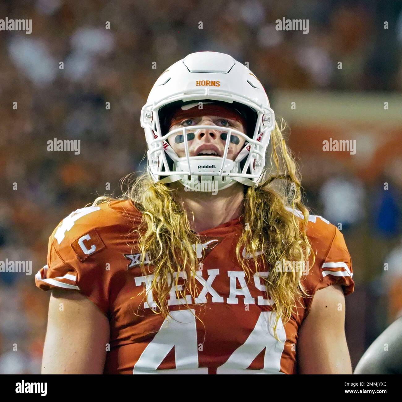 Texas lineman Breckyn Hager watches a replay during the first half of ...
