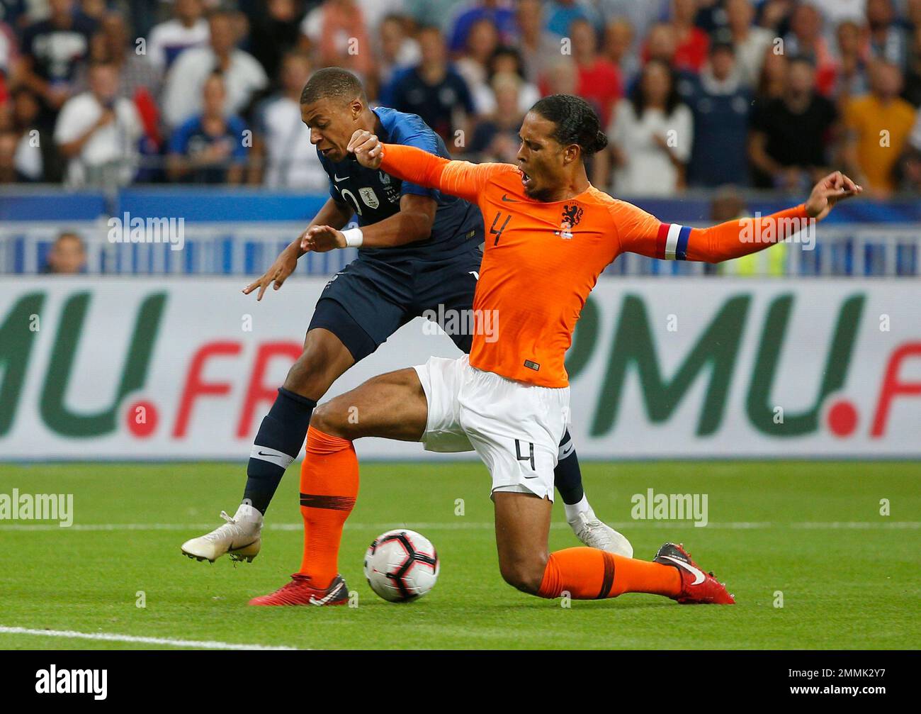 Netherlands Virgil van Dijk, right blocks a shot from Kylian Mbappe of ...