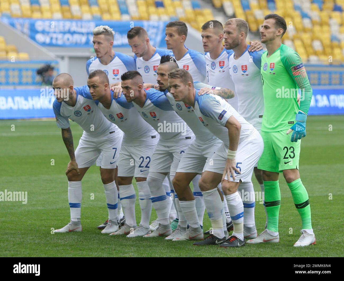 Slovakia starting players pose for a team photo at the beginning of the ...