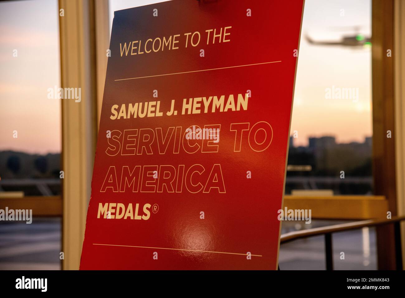A sign announces the Samuel J. Heyman Service to America Medals at the ...