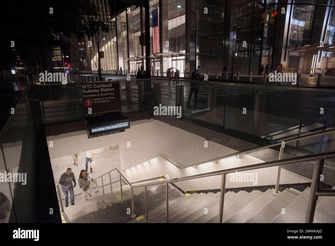 People walk up a flight of stairs in the World Trade Center complex ...