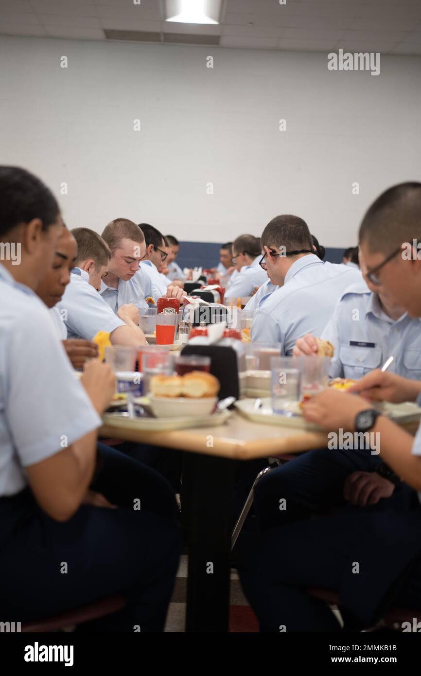 U.S. Air Force basic trainees, 331st Training Squadron, Flight 677, sit ...