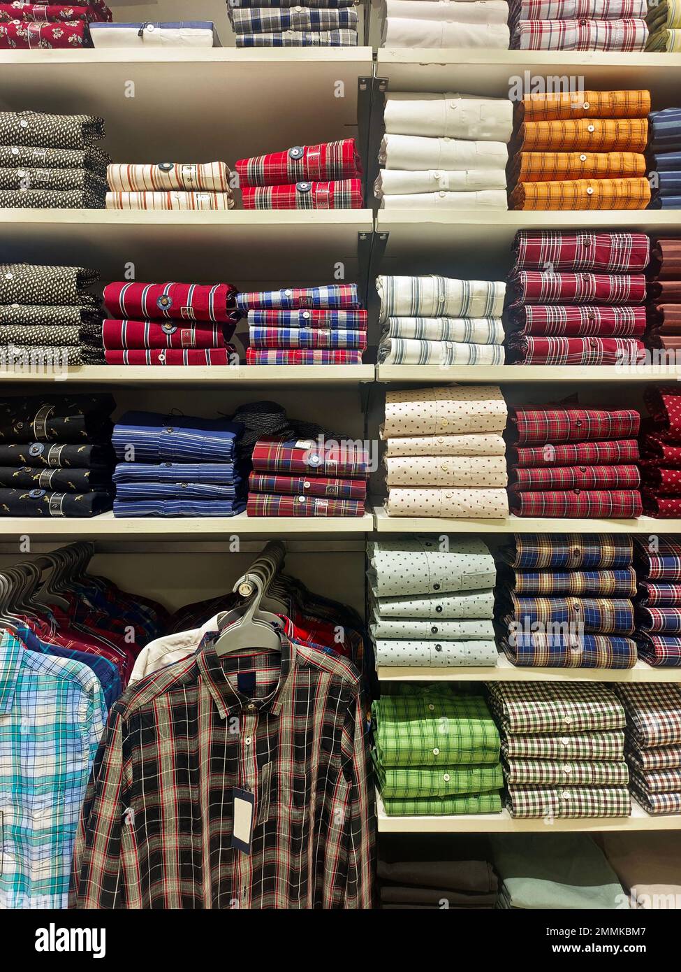 Indian men latest fashion shirts in display retail shop in market ...