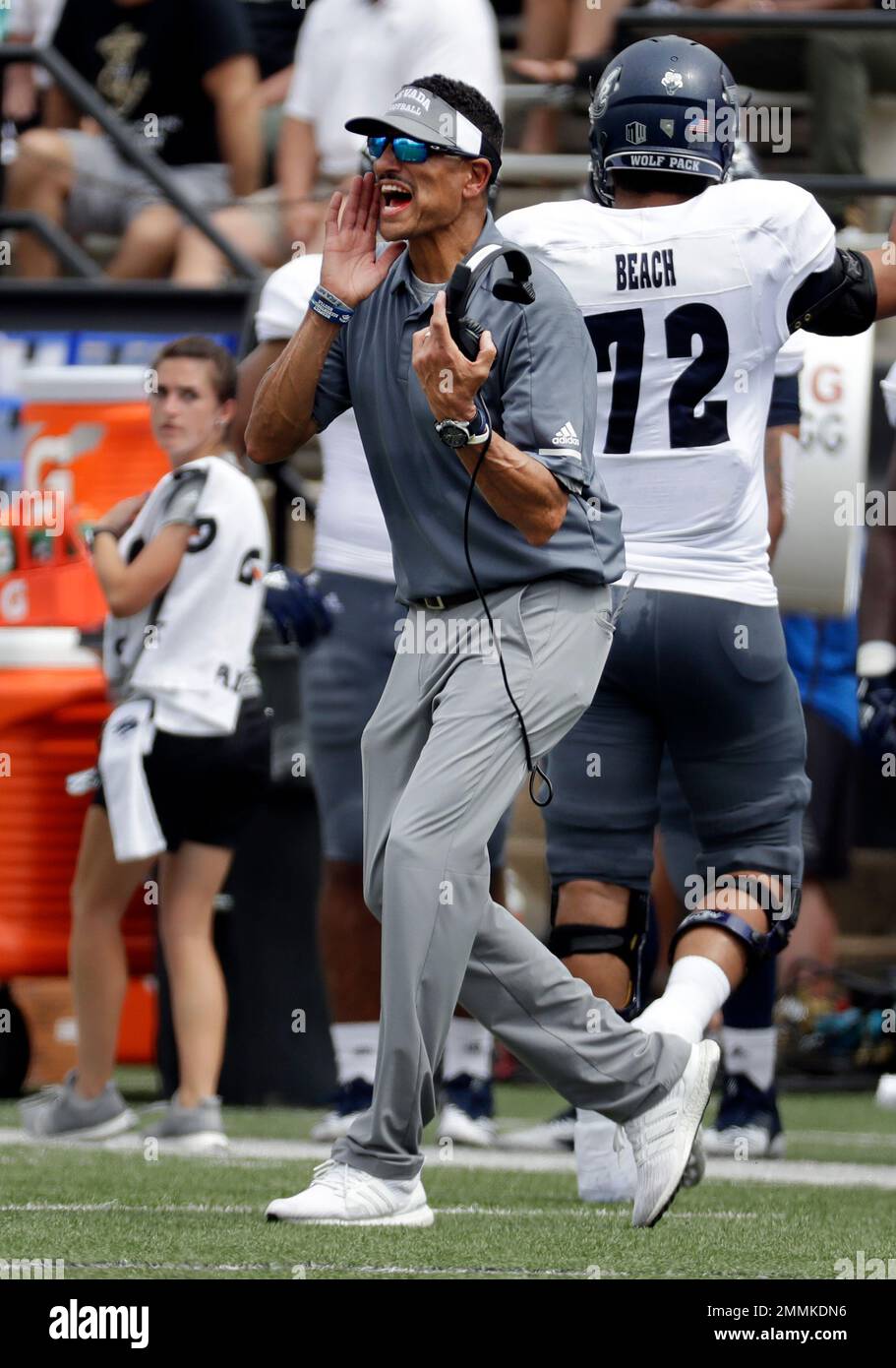 Nevada head coach Jay Norvell yells from the sideline in the first half ...