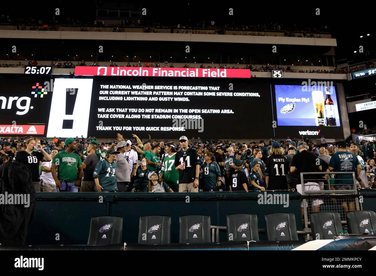 A severe weather warning is displayed before an NFL football game ...