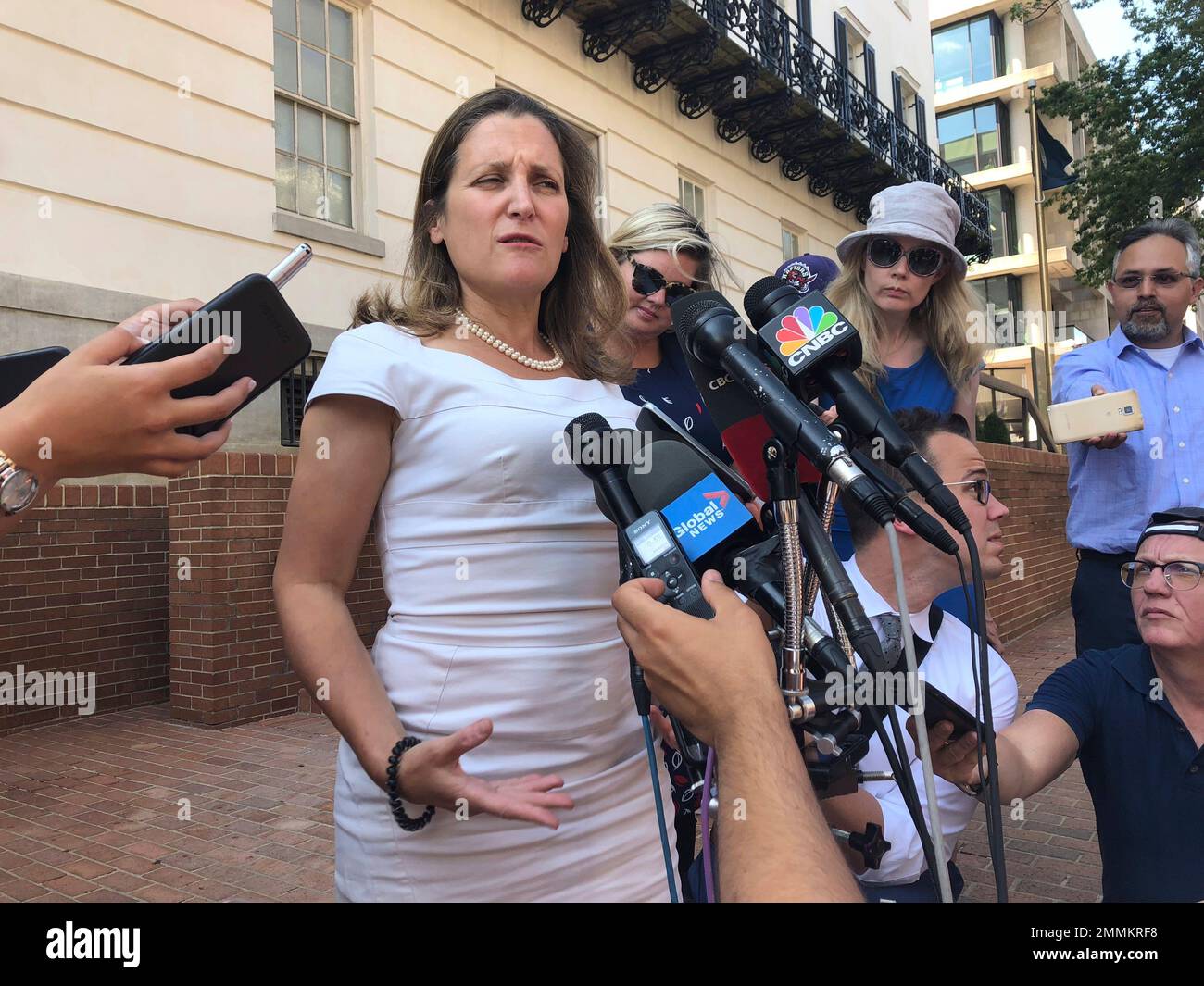 Canadian Foreign Minister Chrystia Freeland talk to reporters outside ...