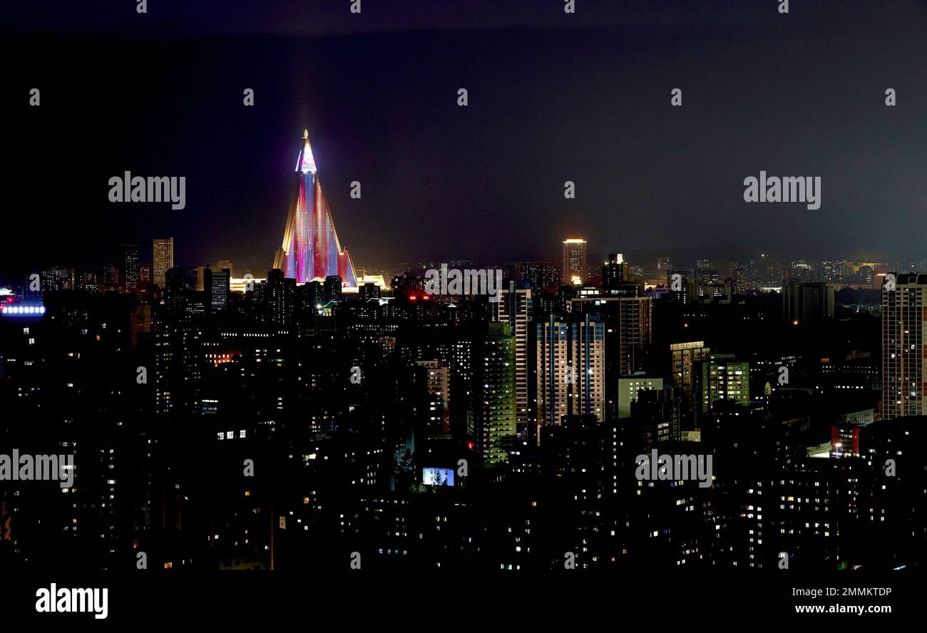 The Ryugyong Hotel is illuminated in the night sky in Pyongyang, North ...