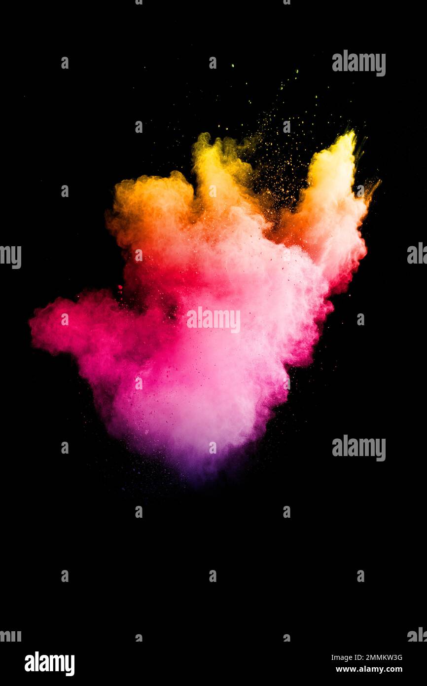 Pink yellow powder splash on white background,Freeze motion of color ...