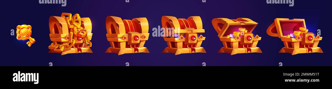 Treasure gold chest open with coins, locked with chain and padlock and ...