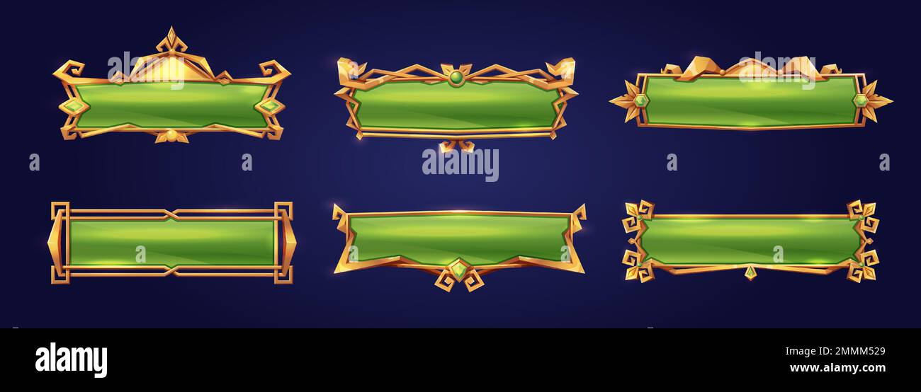 Medieval buttons, ui game menu elements, green oblong banners and gold ornate rims. Empty royal ...