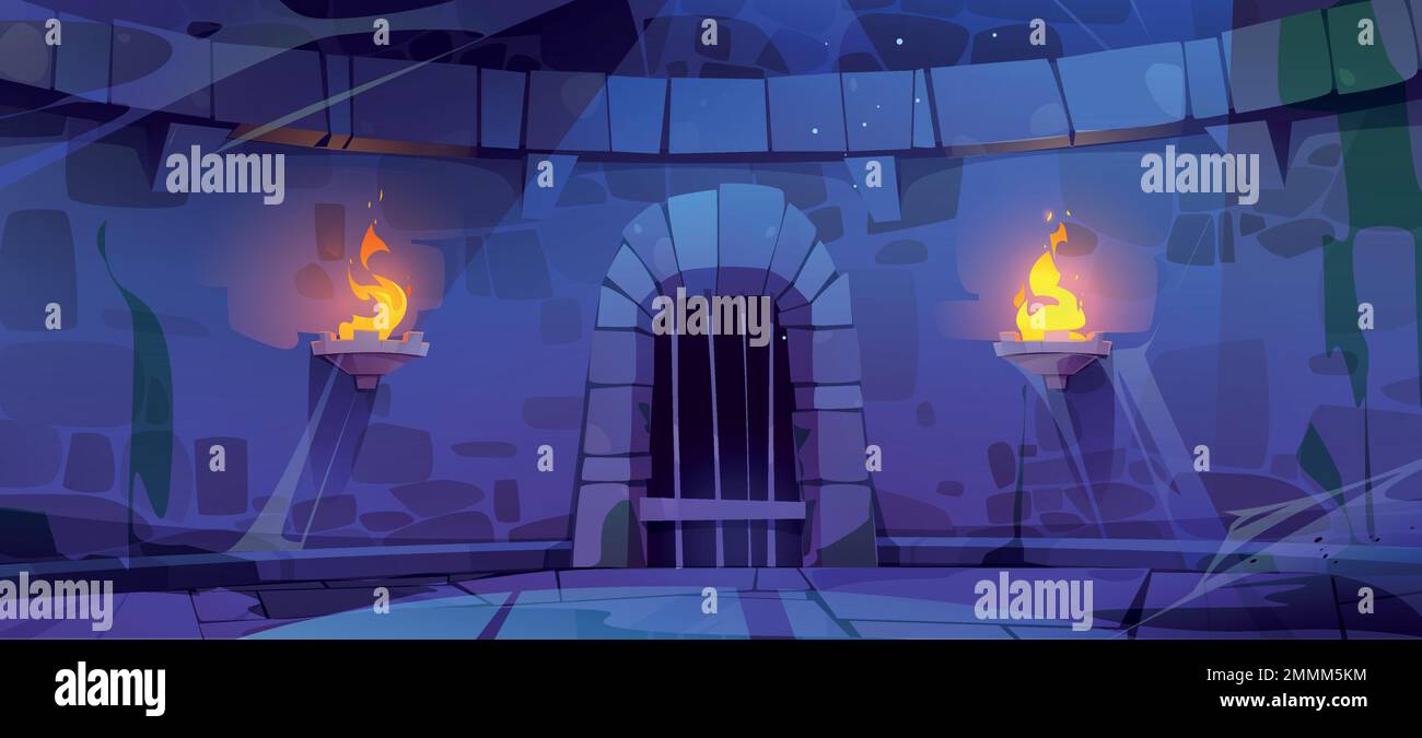 Old dungeon, castle prison interior with door, stone walls and torches ...