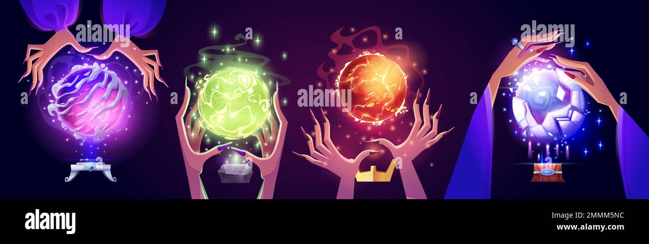 Cartoon set of witch hands with magic ball on dark background. Vector ...