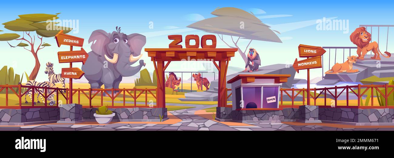 Zoo entrance gate and exotic African animals. Vector cartoon ...