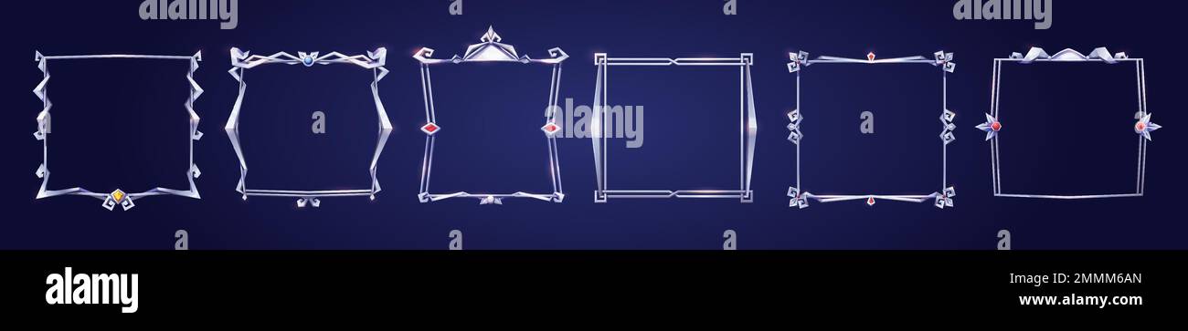 Empty square silver frames in medieval style for game ui design. Vector cartoon set of user ...