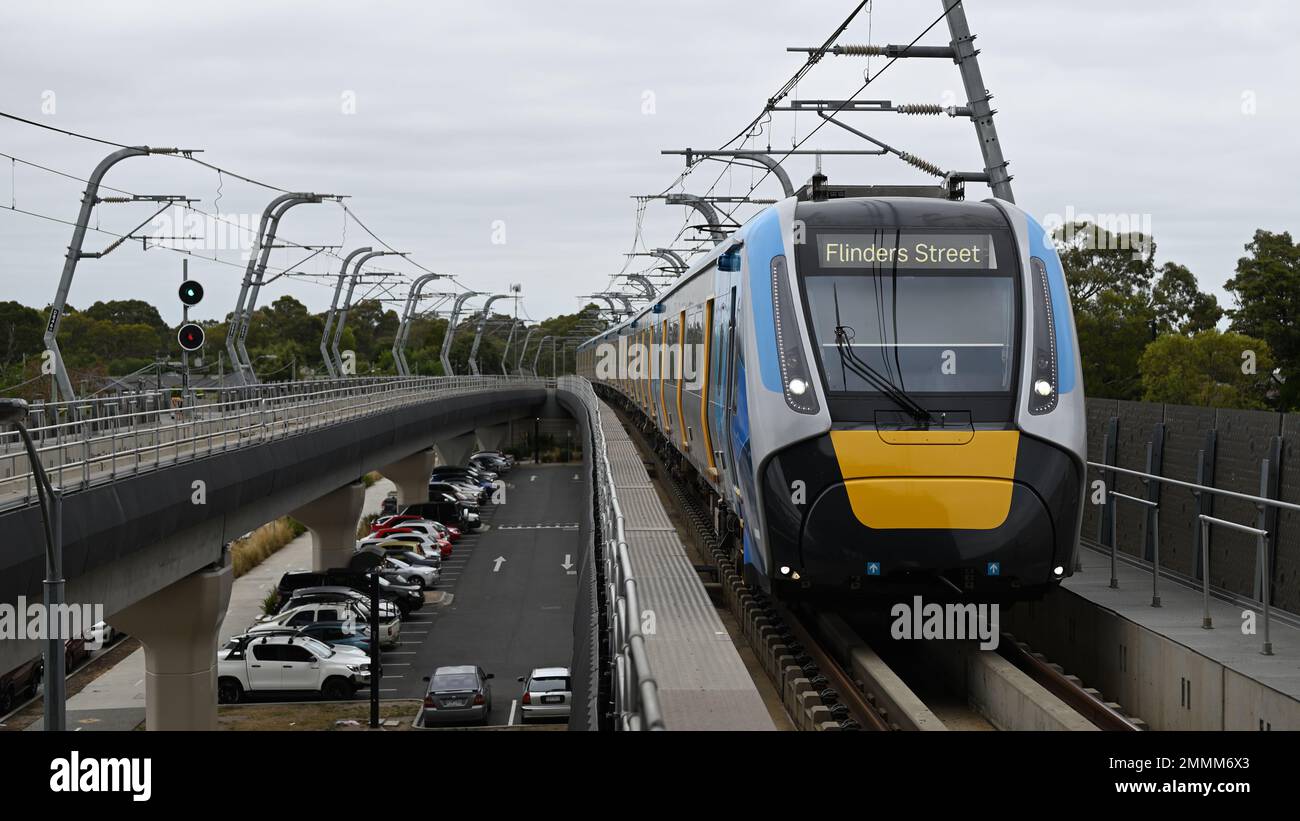 Front view of a new High Capacity Metro Train, or HCMT, as it arrives ...