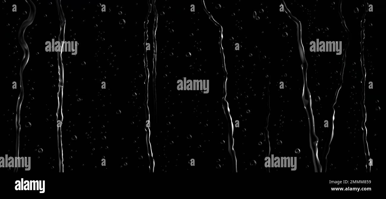 Realistic water drops and streams on black background. Vector ...