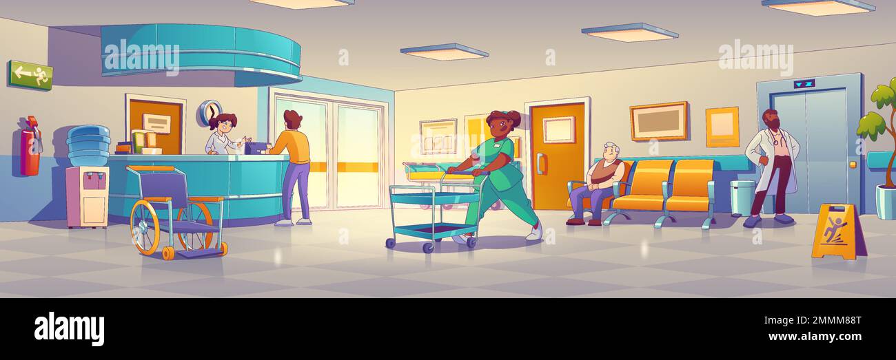 Hospital staff and patients in clinic corridor. Male and female ...