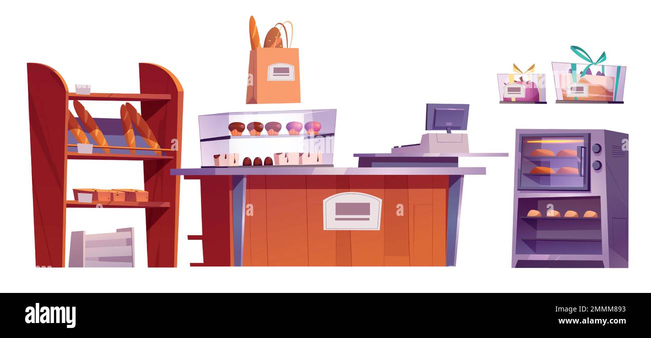 Cartoon set of bakery shop interior elements isolated on white ...