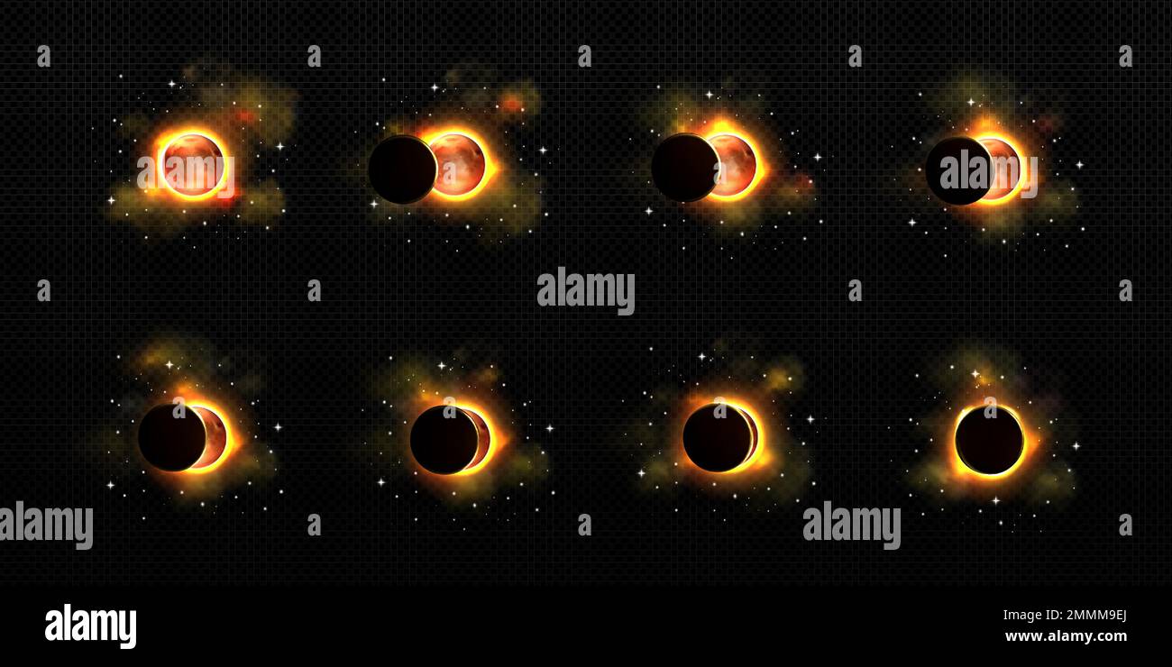 Sun and moon in solar eclipse in different phases. Outer space with ...