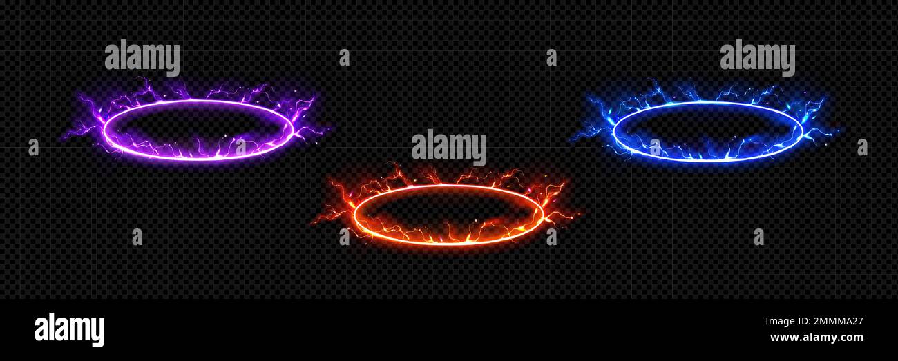 Round energy portal with lightnings. Circle electric frames with neon ...