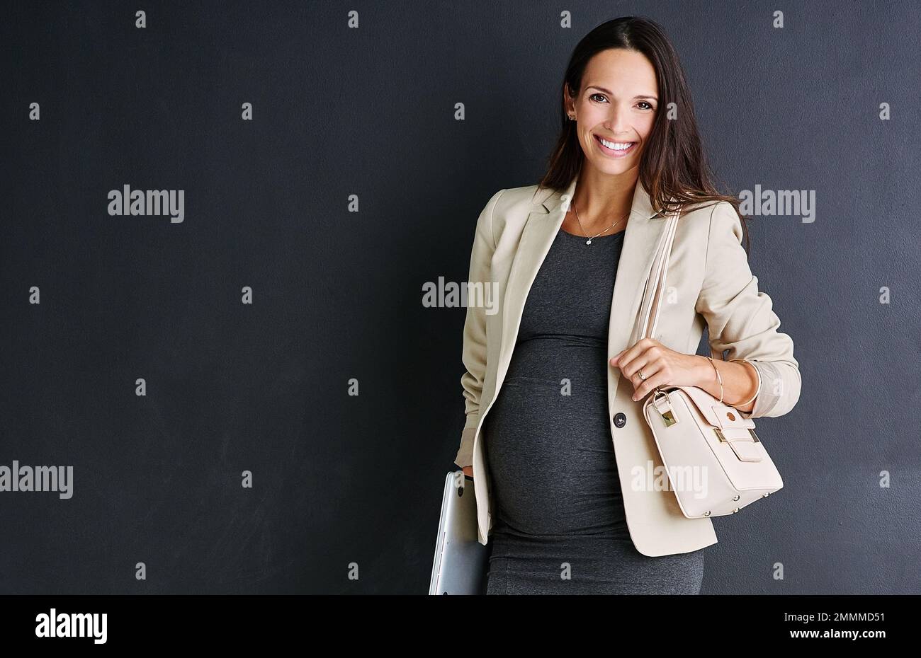 Maternity wear for the working woman. Studio portrait of a young ...
