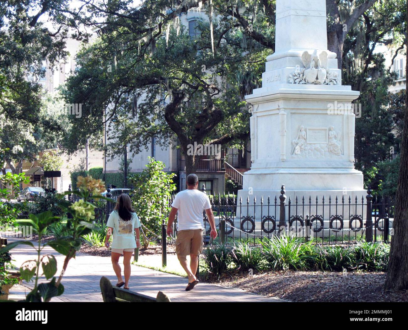 In This Aug. 31, 2018 photo, people stroll through Monterey Square in ...