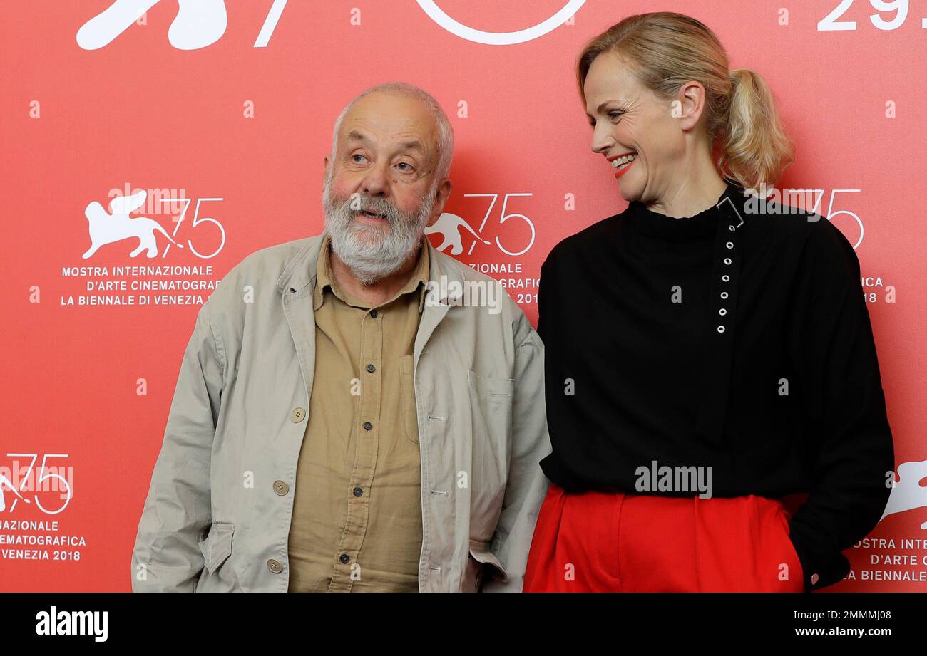 Actress Maxine Peake and director Mike Leigh pose for photographers at ...
